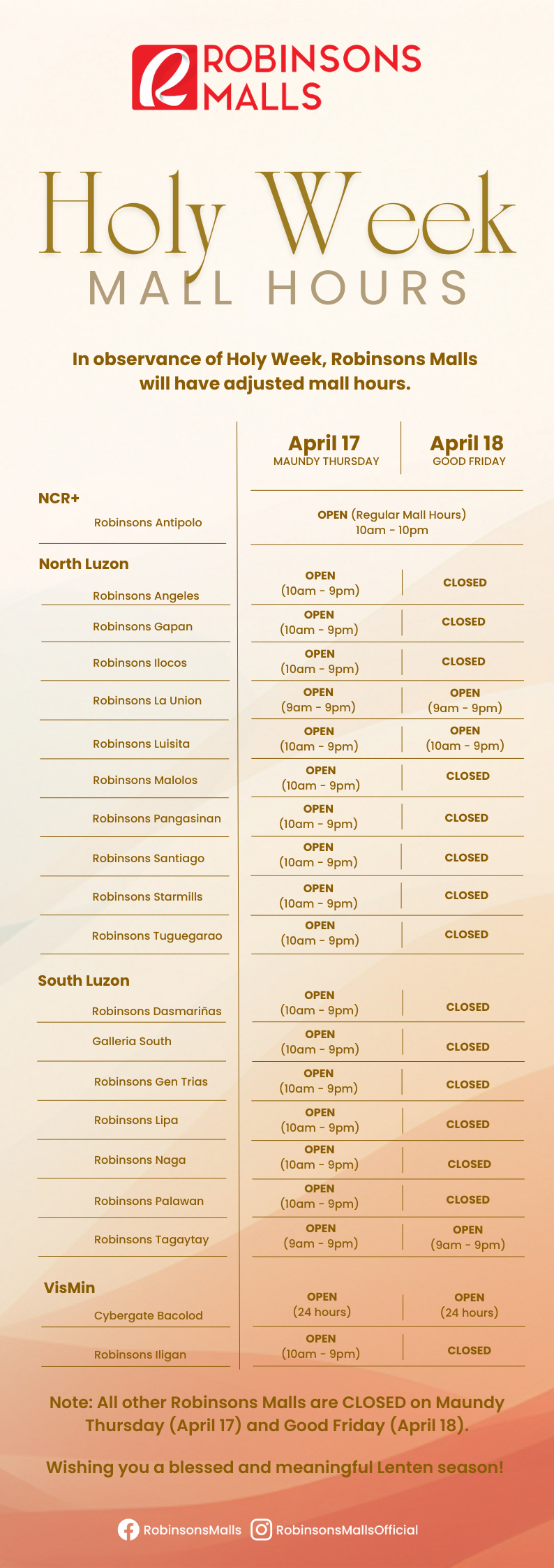Holy Week Mall Hours | Robinsons Malls